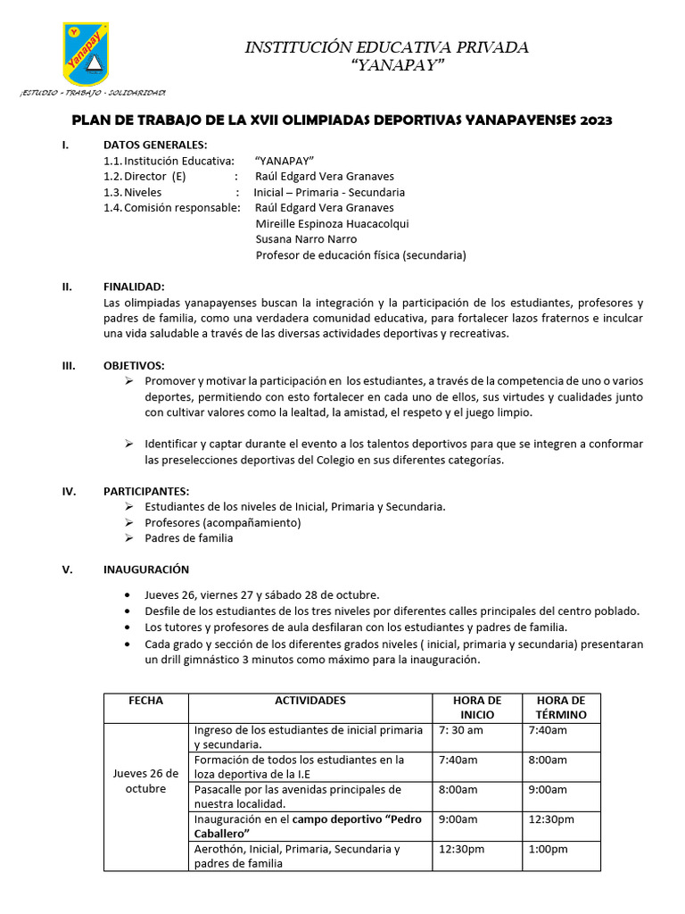 Plan de Trabajo Olimpiadas 2023 | PDF
