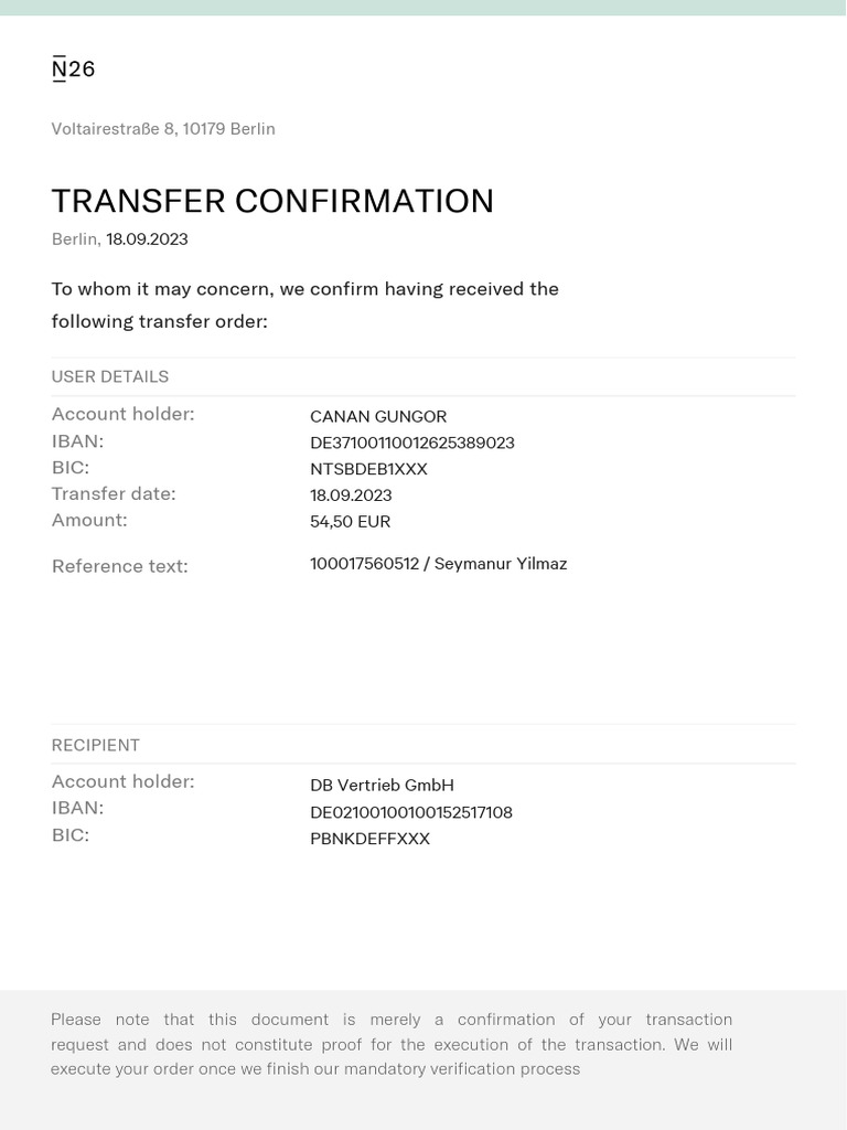 Transfer Confirmation: Account Holder: Iban: Bic: Transfer Date: Amount ...