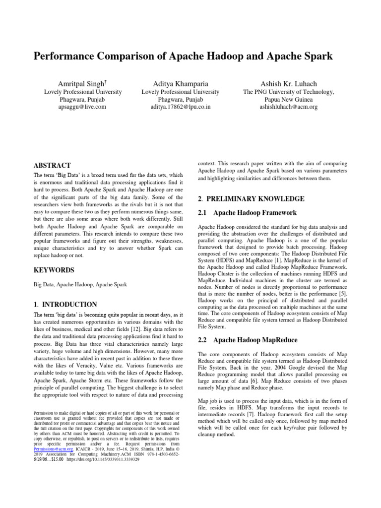 Performance Comparison Of Apache Hadoop And Apache Spark Pdf Apache Hadoop Apache Spark