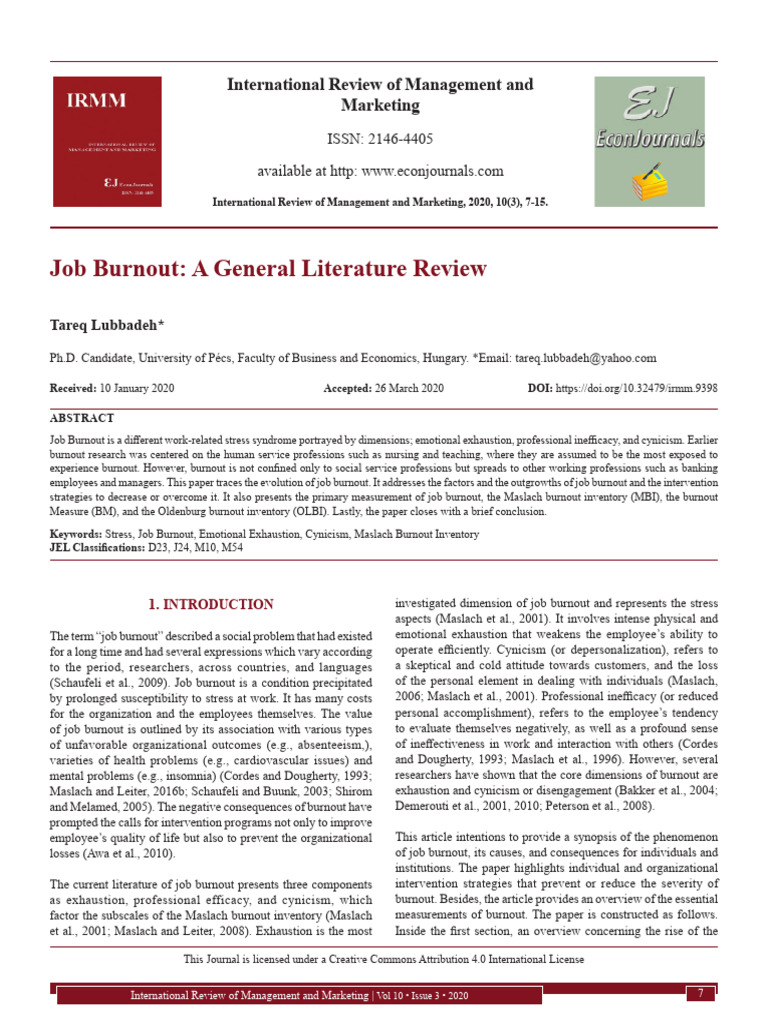 Lubbadeh - Job Burnout | PDF | Occupational Burnout | Psychology