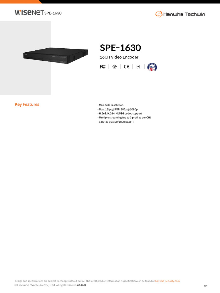 16CH Video Encoder SPE-1630 Specs | PDF | Video | Internet Protocols