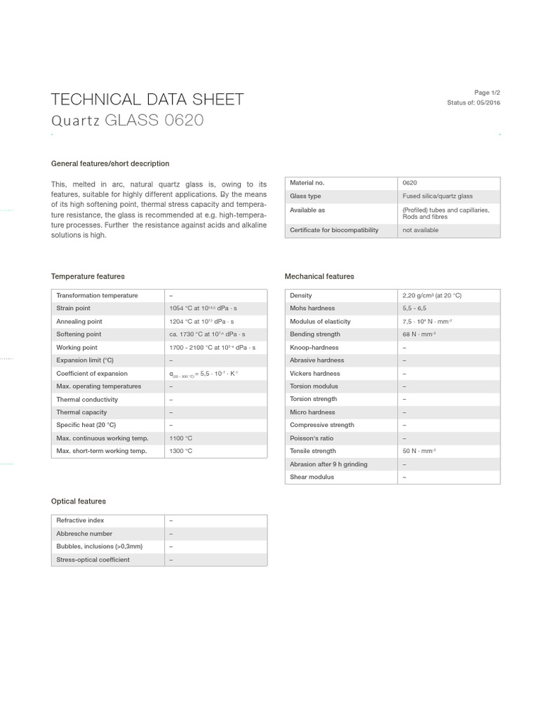 Quartz Glass 0620 Technical Data | PDF | Glasses | Strength Of Materials