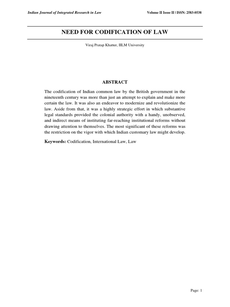 Need For Codification of Law | PDF | Codification (Law) | International Law