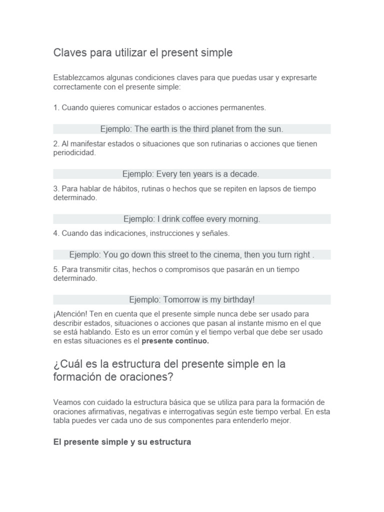 Claves para Utilizar El Present Simple | PDF | Verbo | Oración ...