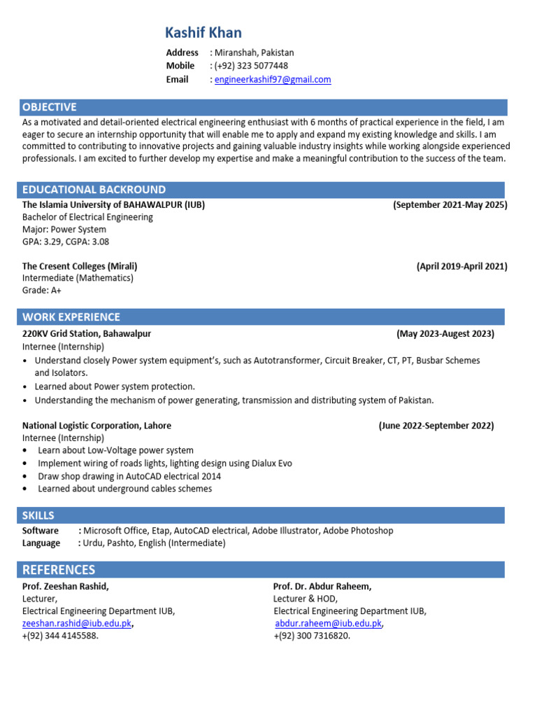 Electrical Engineering Internship Resume | PDF