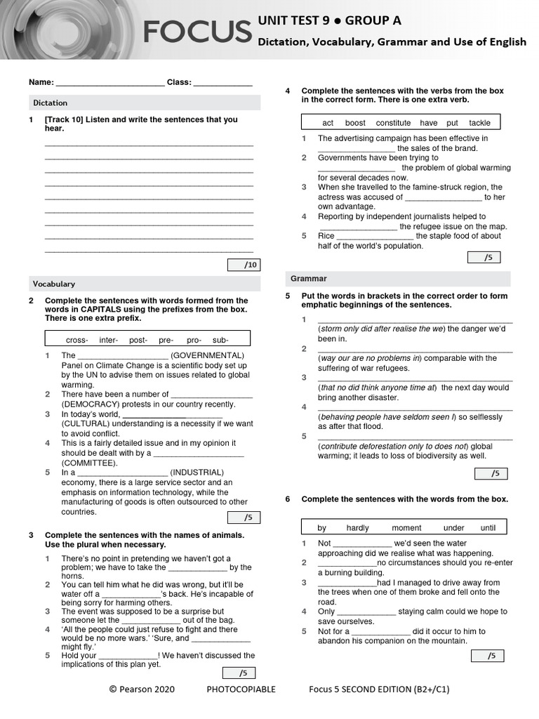 Focus5 2E Unit Test Unit9 Dictation Vocabulary Grammar UoE GroupA | PDF