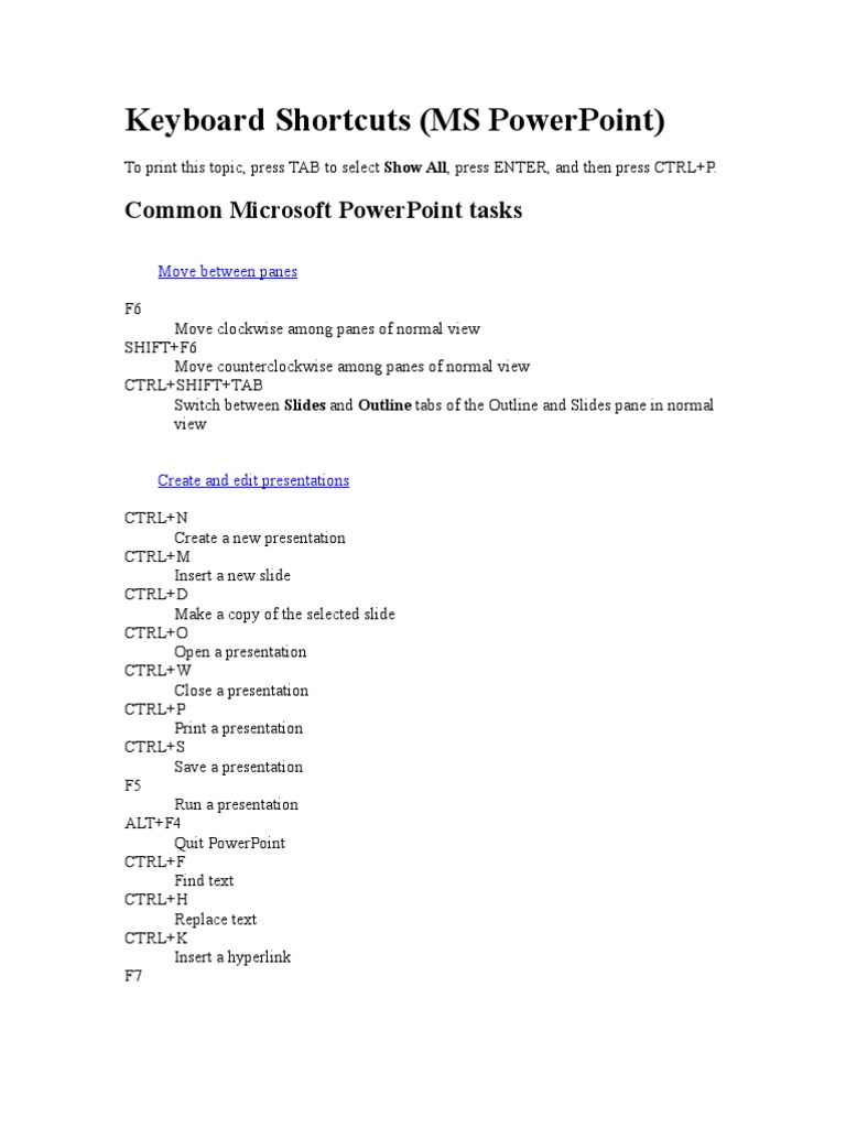 MS PowerPoint Keyboard Shortcuts | PDF | Hyperlink | Menu (Computing)