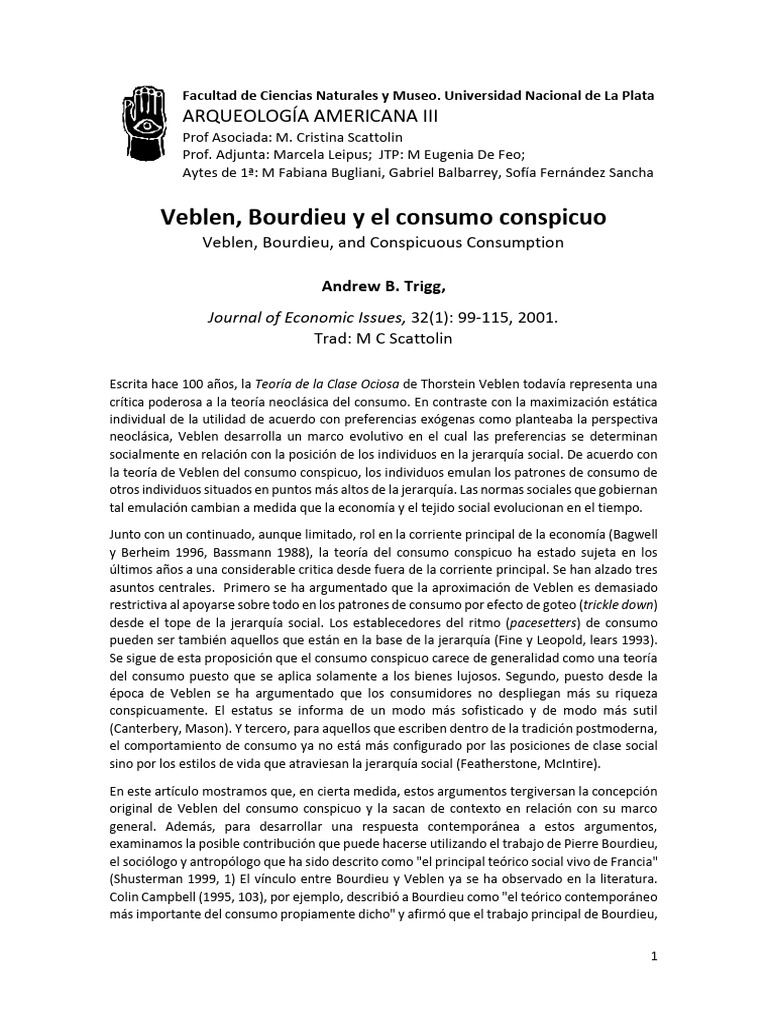 TRIGG, ANDREW Veblen, Bourdieu y El Consumo Conspicuo 2001 | PDF