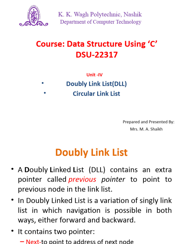 Unit IV - Doubly and Circular Link List | PDF | Pointer (Computer Programming) | Computer ...