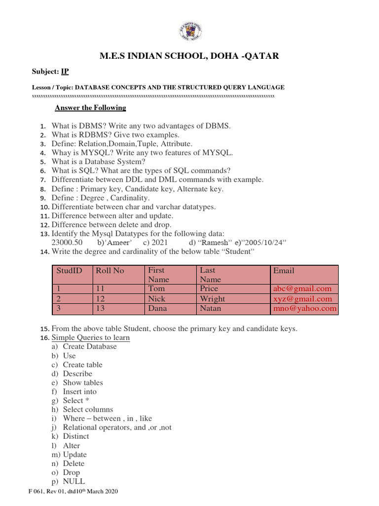 DBMS, Mysql Questions-2022 | PDF