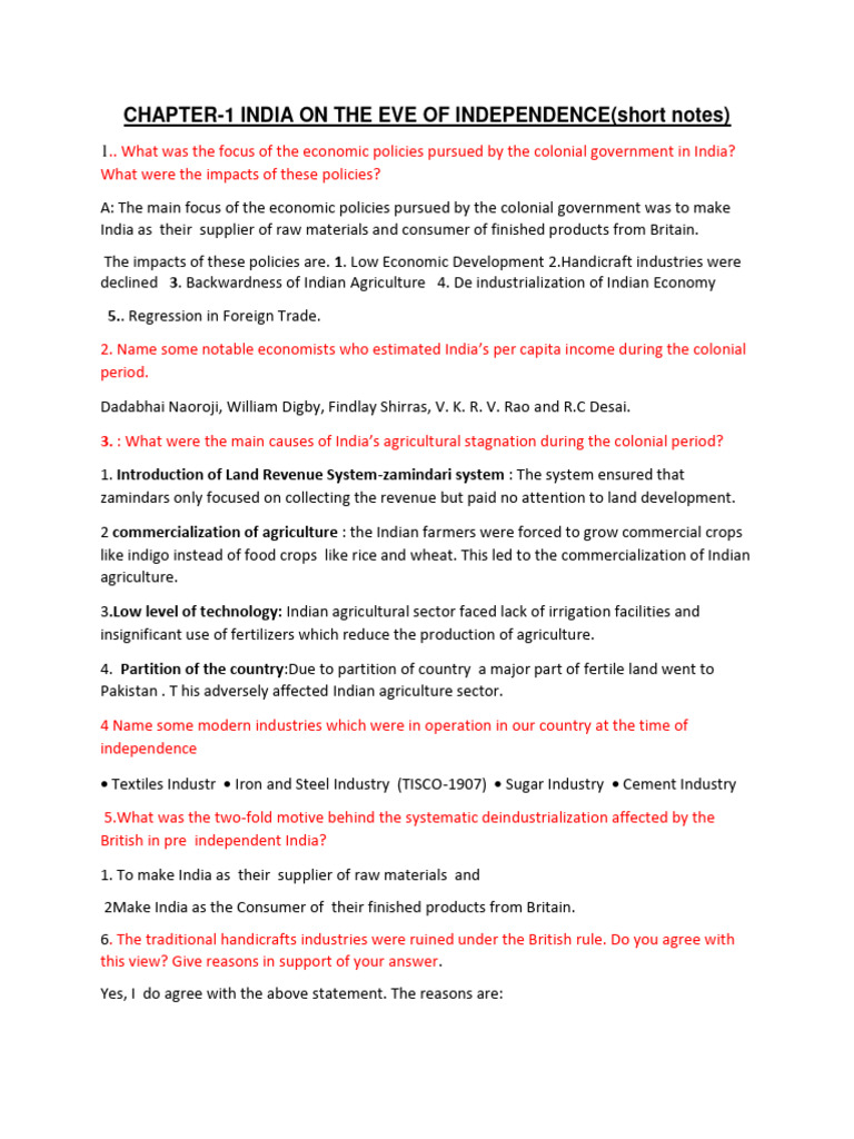 India On The Eve of Independence - Chap - 1short Notes | PDF | British ...