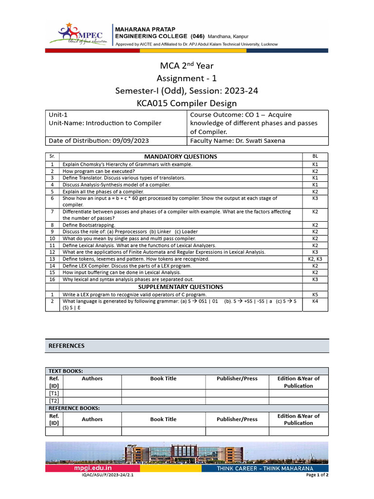 MCA Compiler Design Assignment | PDF