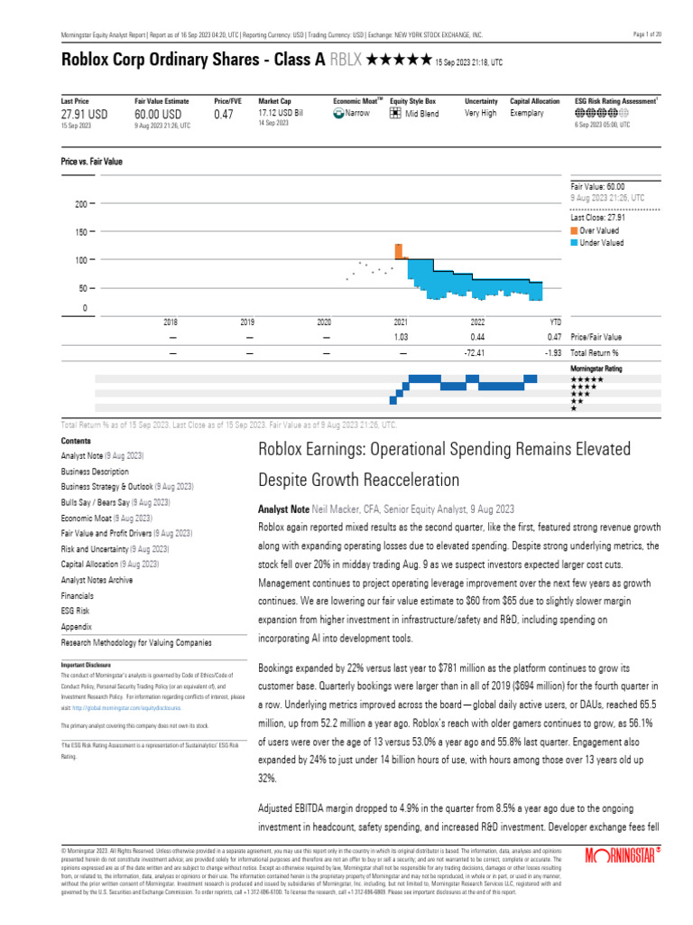 Roblox Morningstar Report | PDF
