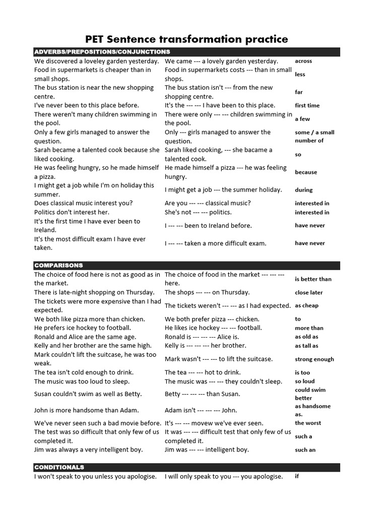 PET Sentence Transformation Exercises | PDF | Linguistics | Grammar