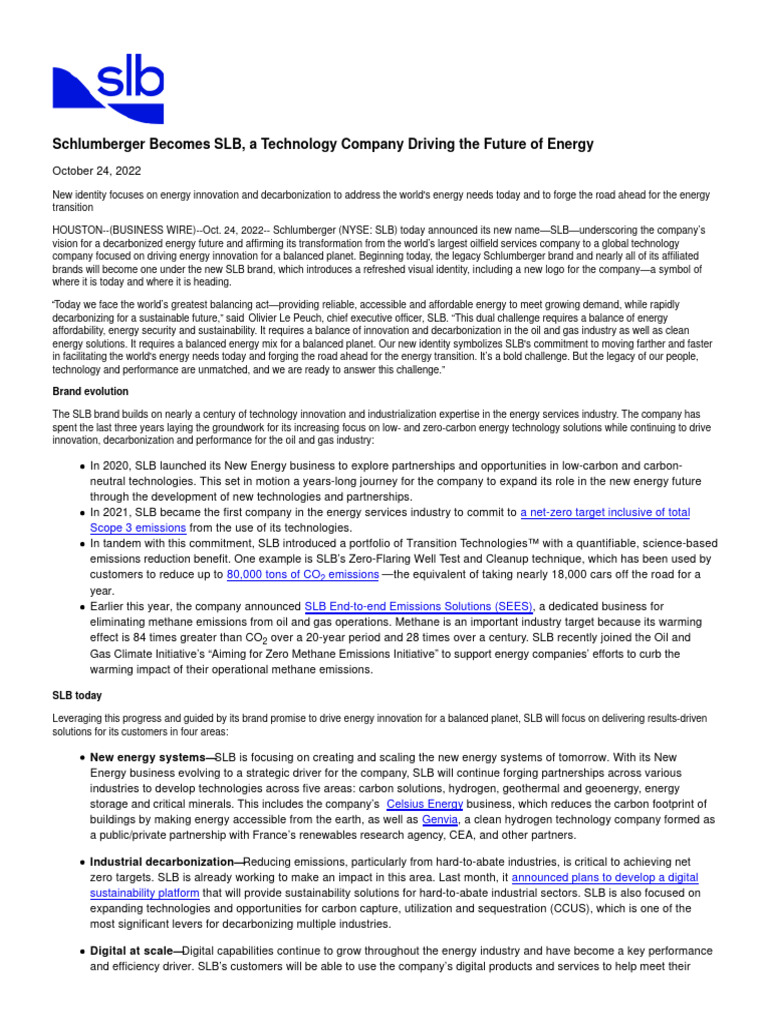 Schlumberger Becomes SLB, A Technology Company Driving The Future of ... Schlumberger Becomes SLB, A Technology Company Driving The Future of ...