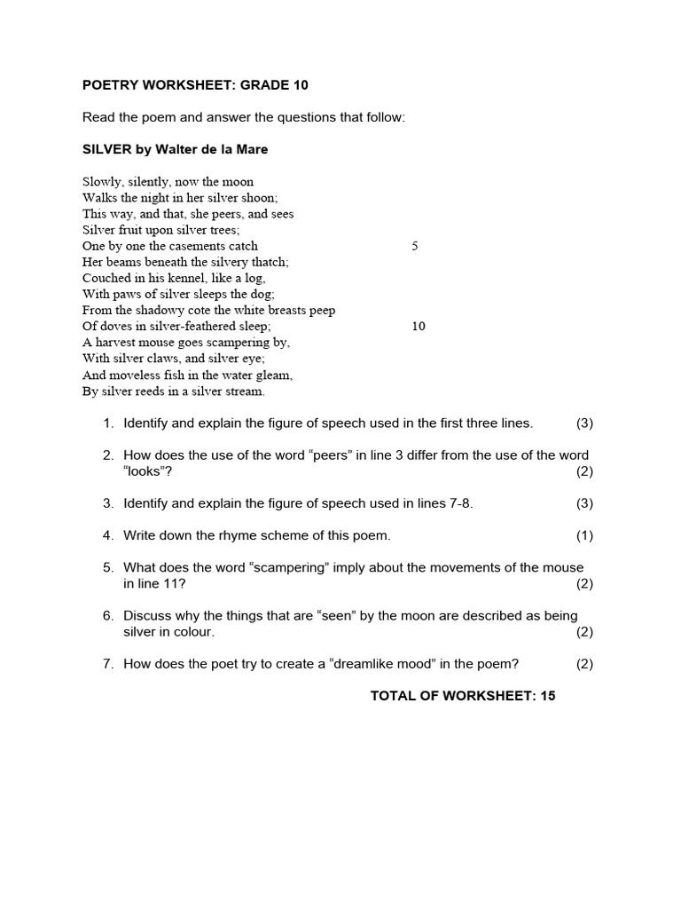 POETRY WORKSHEET Silver GR 10 | PDF | General Fiction
