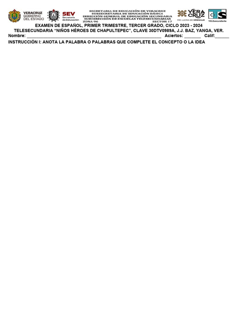 Examen de Español 3er Grado 1er Trimestre, 2022 - 2023 | PDF ...