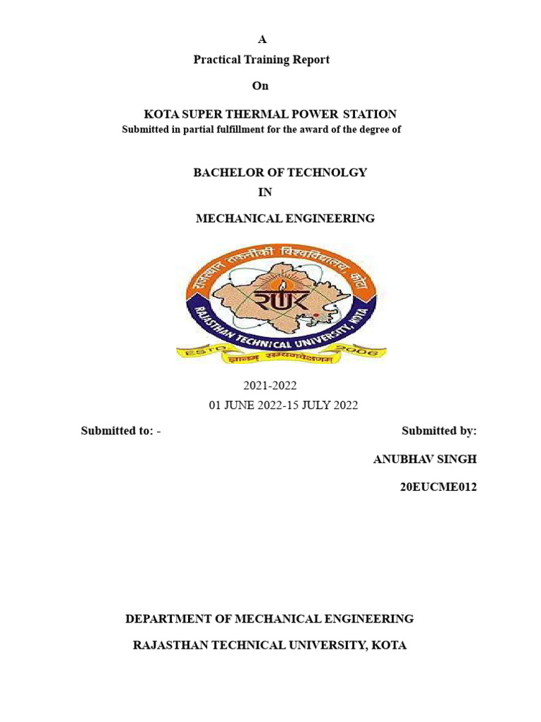 Practical Training at Kota Super Thermal Plant | PDF | Boiler | Turbine