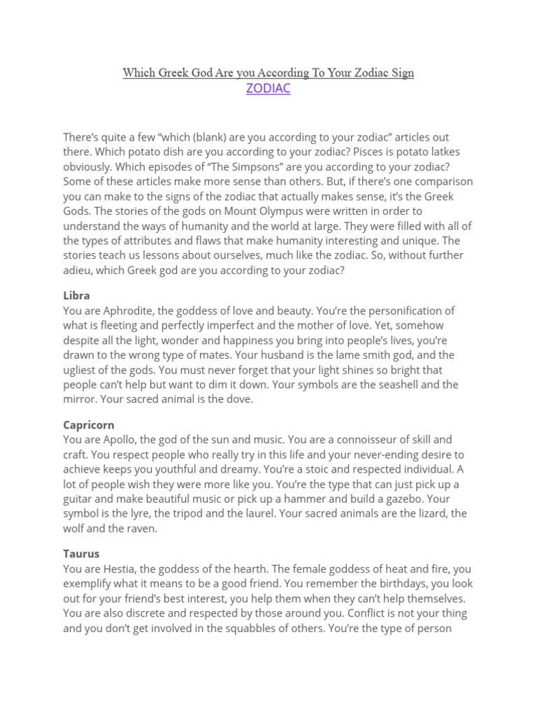 Which Greek God Are You According To Your Zodiac Sign | PDF