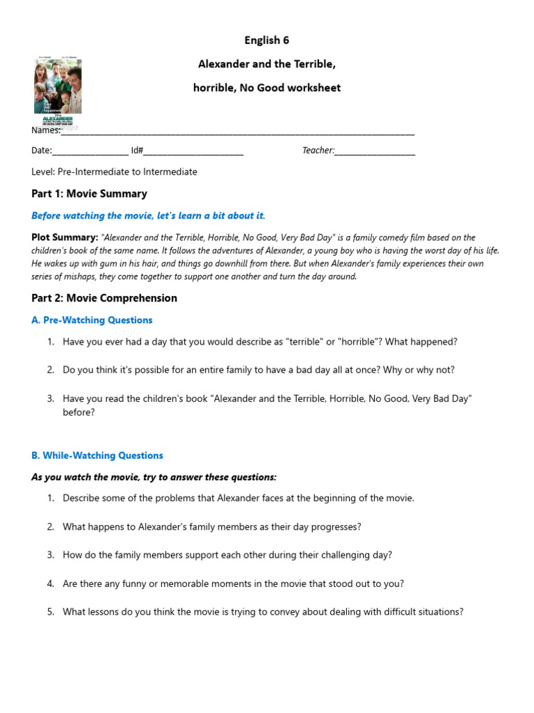 W07 Alexander Terrible Horrible FILM Worksheet | PDF | Cognition | Learning