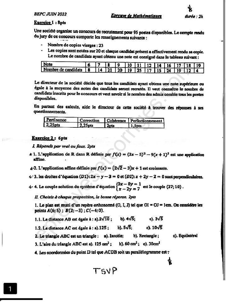 Epreuve Bepc 2022 Mathematiques Togo | PDF