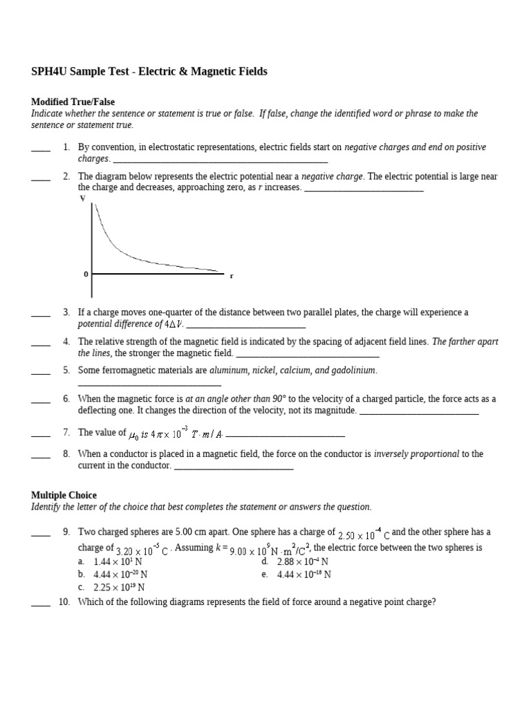 SPH4U Sample Test - Electric & Magnetic Fields+Key | PDF | Electric ...