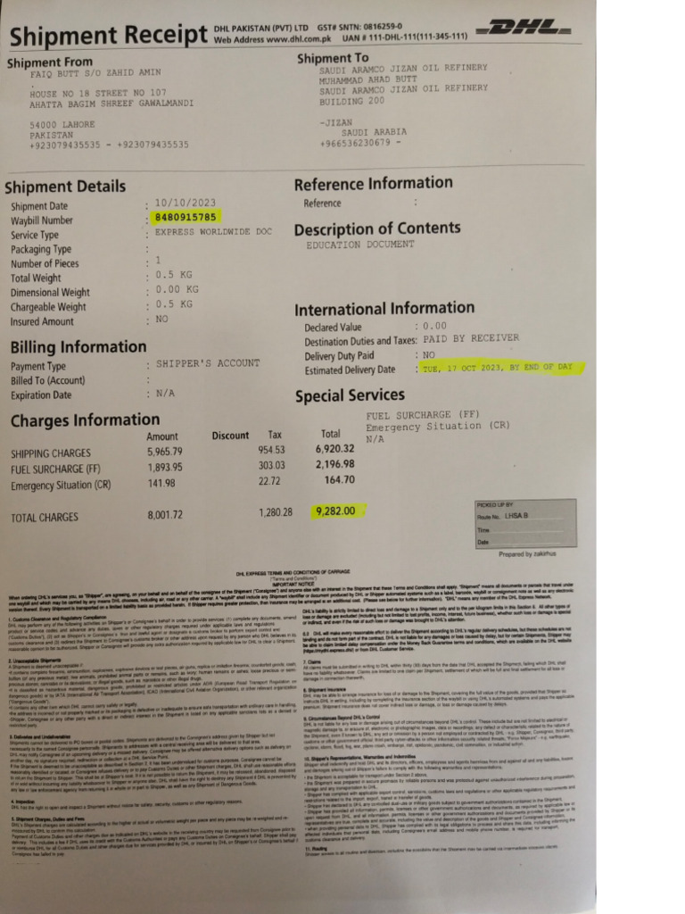 Shipment Receipt for DHL Users | PDF | Customs | Dangerous Goods