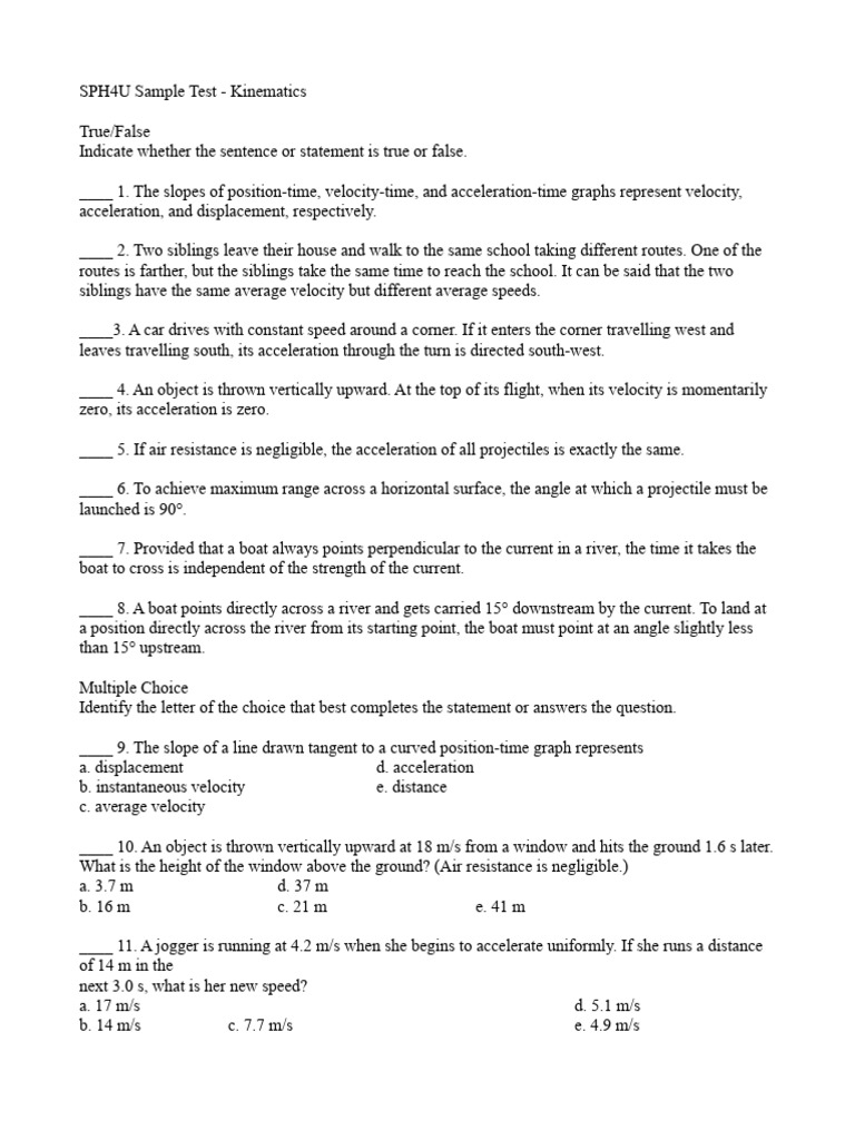 SPH4U Kinematics Test Sample | PDF | Acceleration | Velocity
