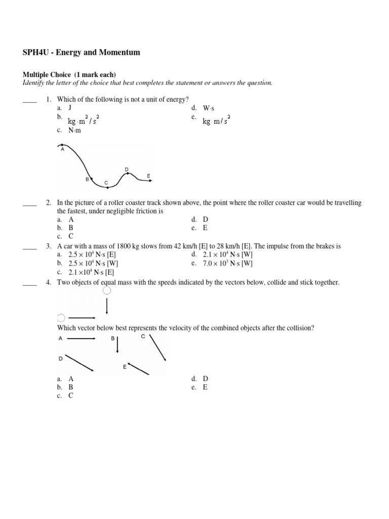 SPH4U Sample Test – Energy & Momentum II+Key | PDF