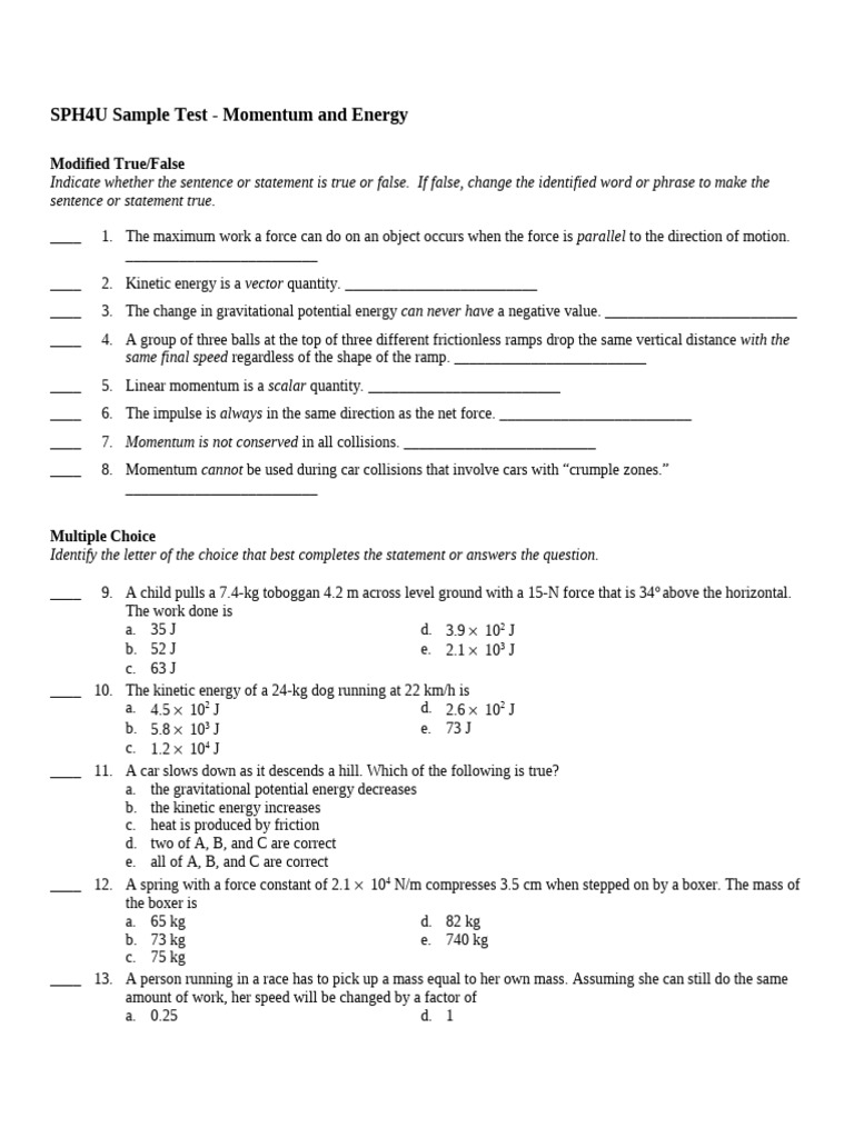 SPH4U Sample Test - Energy & Momentum I+Key | PDF