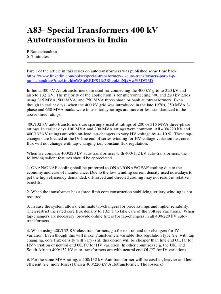 A83 - Special Transformers 400 KV Autotransformers in India | PDF | Transformer | Electricity