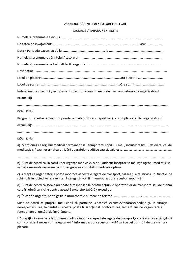 Acordul - Parintelui Excursie Tabara Model | PDF