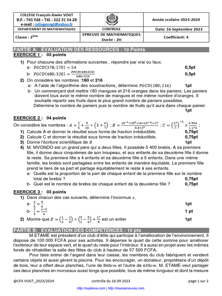 Maths 3ème Vogt - Controle Du 16 Septembre 2023 2 | PDF