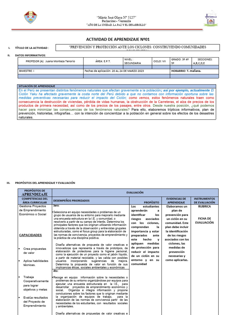 Actividad de Aprendizaje Sobre Fenómenos Naturales 3 4 5 2023 | PDF ...