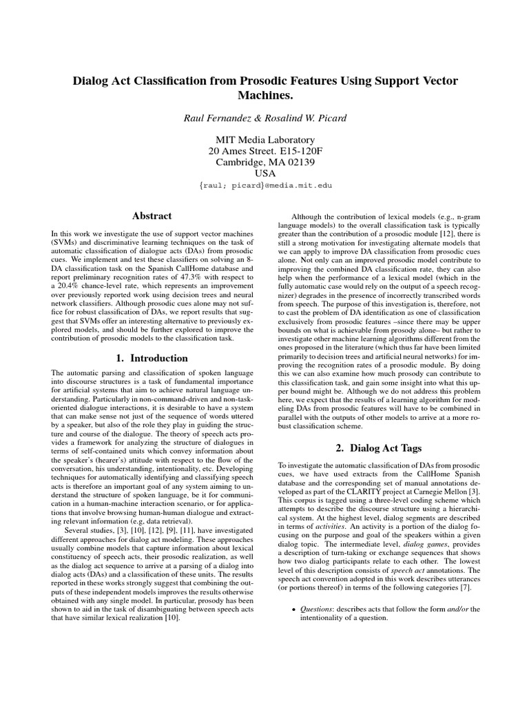 Fernandez And Picard 2002 Dialog Act Classification From Prosodic Features Using Support 
