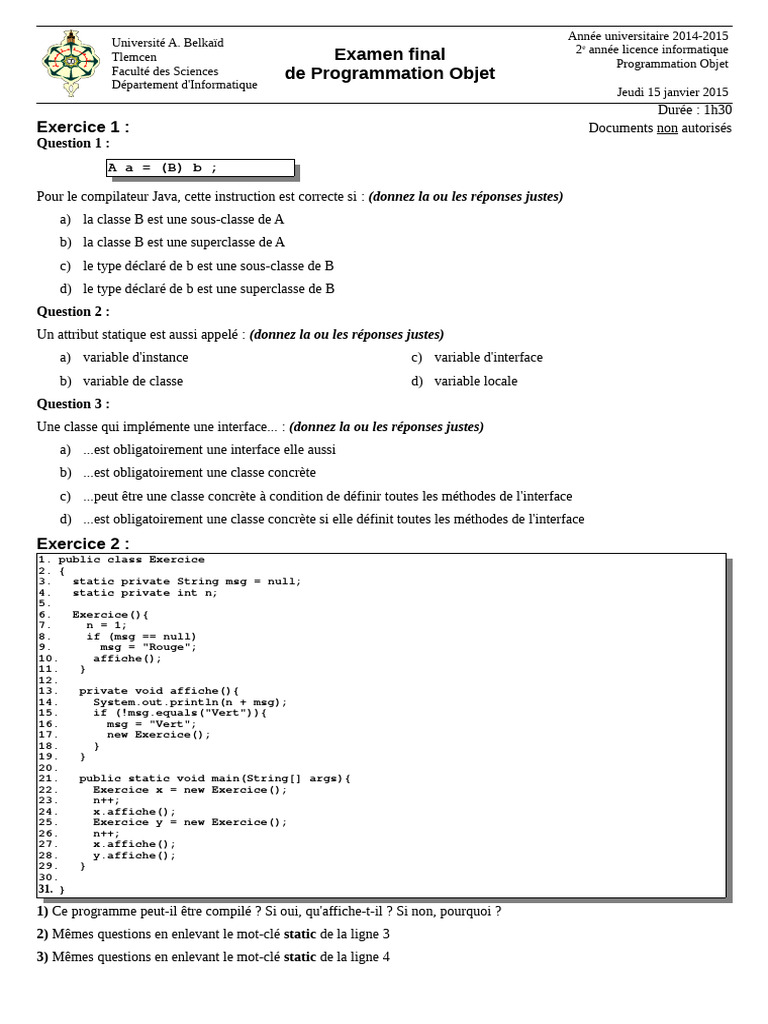 Examen Final Poo | PDF | Classe (informatique) | Interface (Informatique)