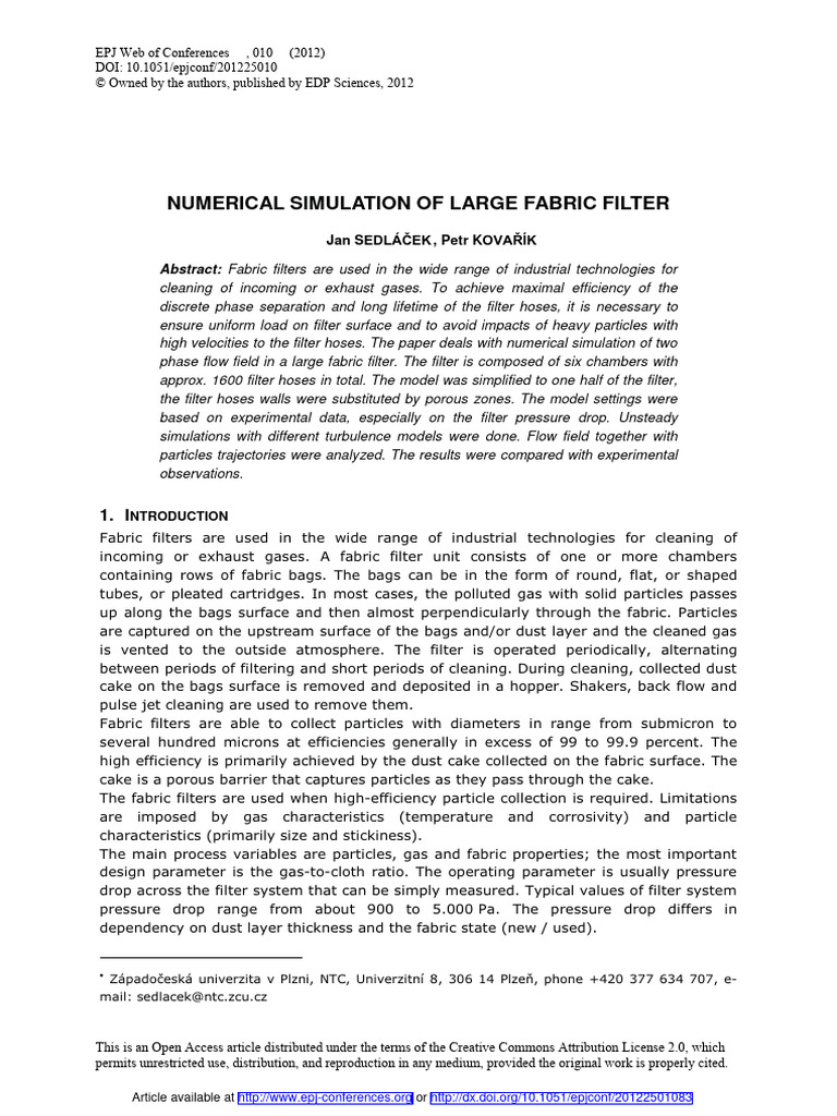 Ok - Numerical Simulation of Large Fabric Filter, Sedlacek and Kovarik 2012 | PDF | Chemistry ...