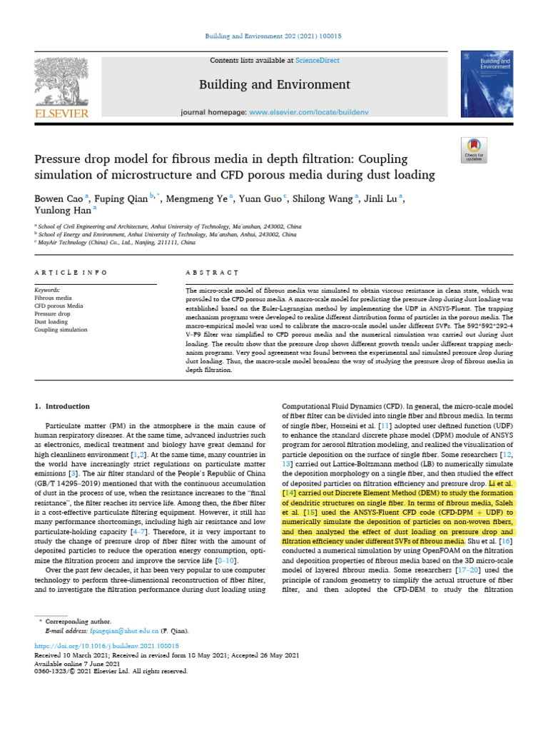 Ok - Pressure Drop Model For Fibrous Media in Deep Filtration... Cao Et Al 2021 | PDF ...