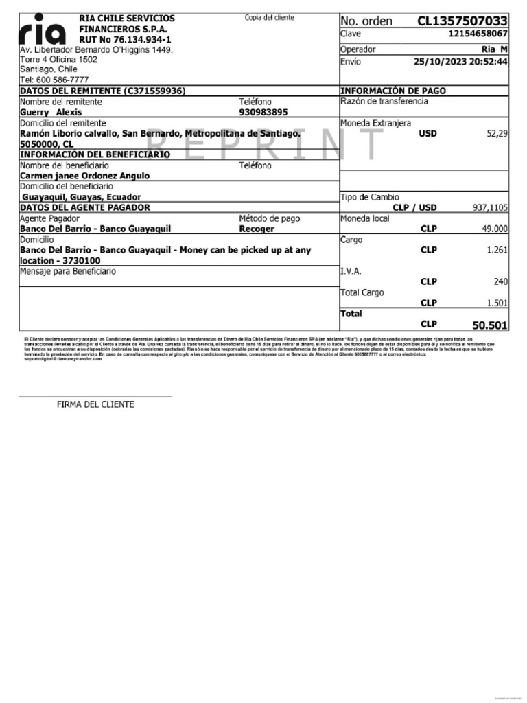 Ria Order Receipt CL1357507033 | PDF