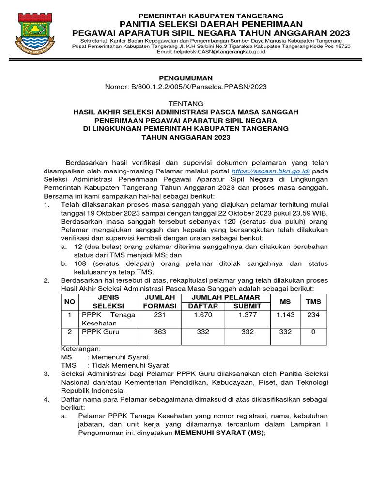 Pengumuman Hasil Akhir Seleksi Administrasi Pasca Masa Sanggah | PDF