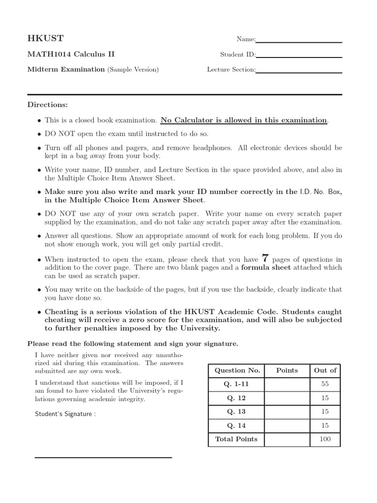 HKUST MATH1014 Midterm Exam Guide | PDF | Multiple Choice | Elementary ...