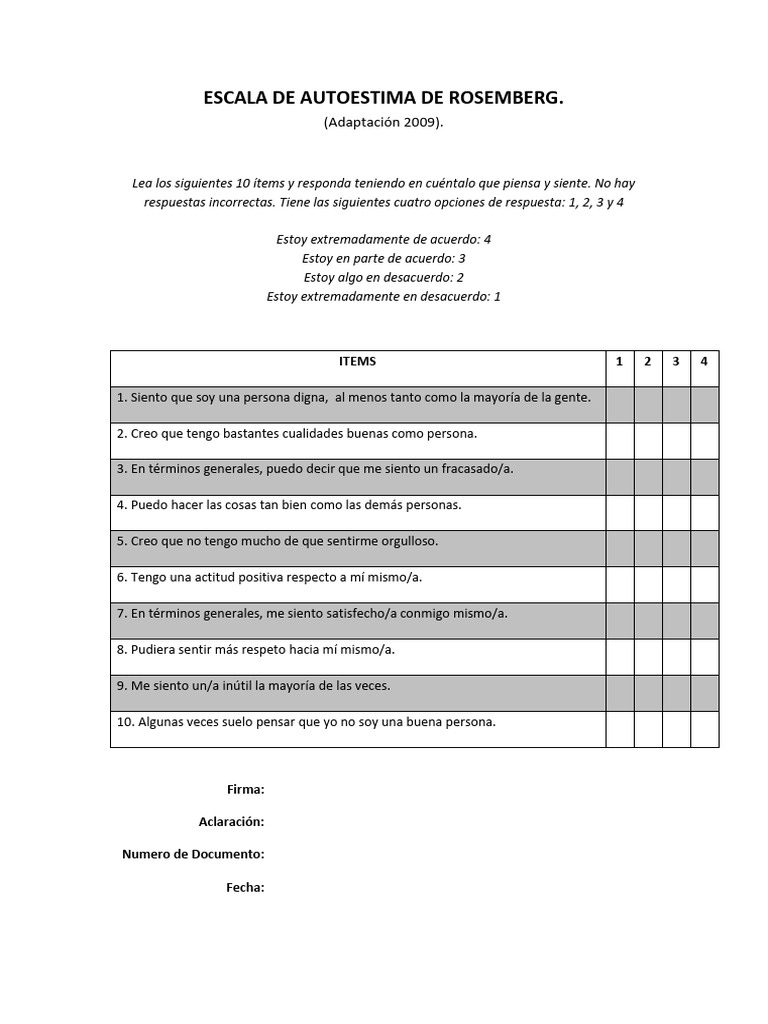 ¿Cuáles Son Las Puntuaciones De La Escala De Autoestima De Rosenberg ...