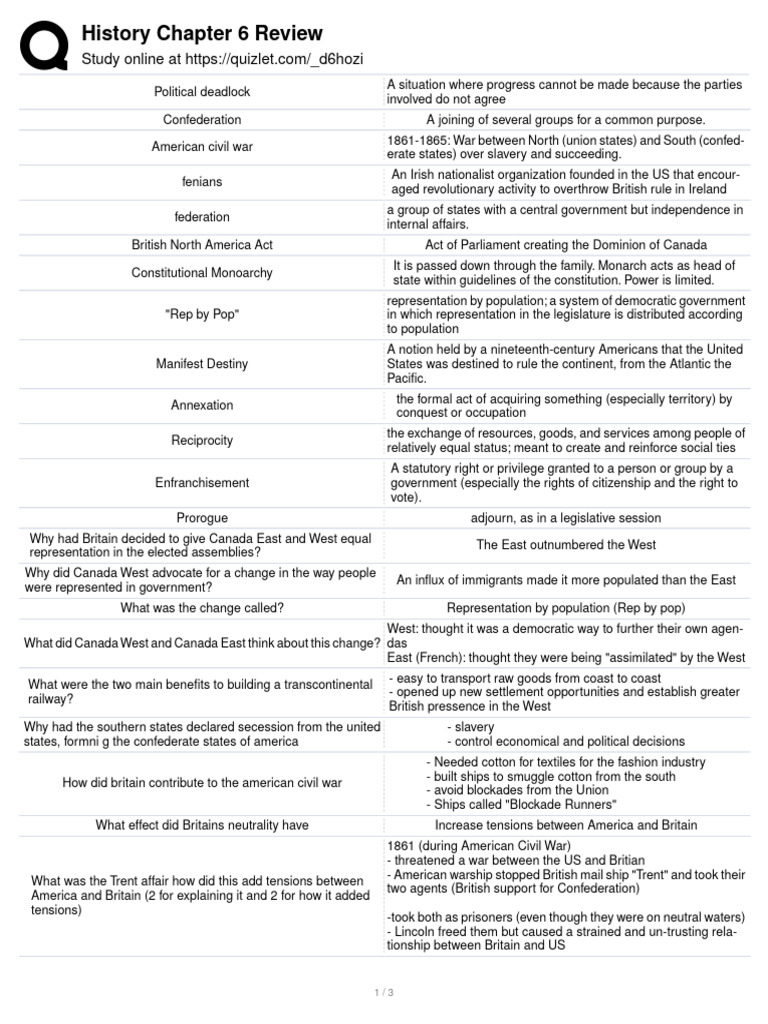 History Chapter 6 Review | PDF | American Civil War | Provinces And ...