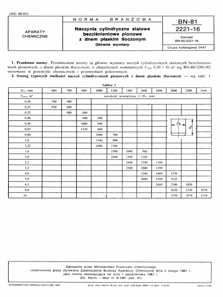 BN_81_2221_16 - Naczynia Cylindryczne Stalowe Bezciśnieniowe Pionowe z Dnem Płaskim Tłoczonym ...