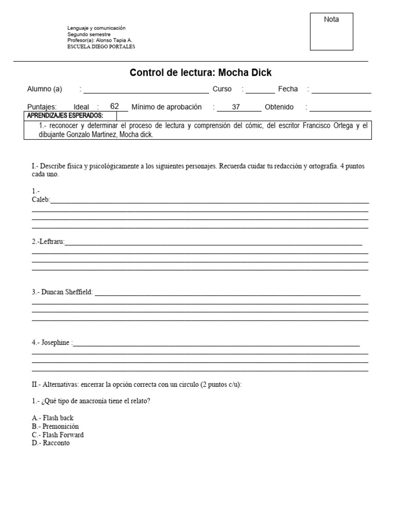 Control de Lectura Mocha Dick 2022 | PDF