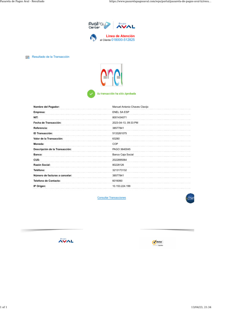 Pasarela de Pagos Aval - Resultado | PDF