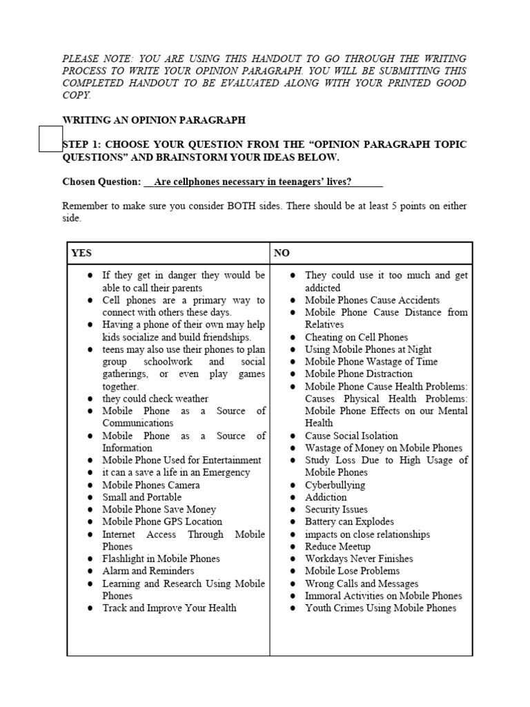 Opinion Paragraph Writing Guide | PDF | Mobile Phones | Telephone