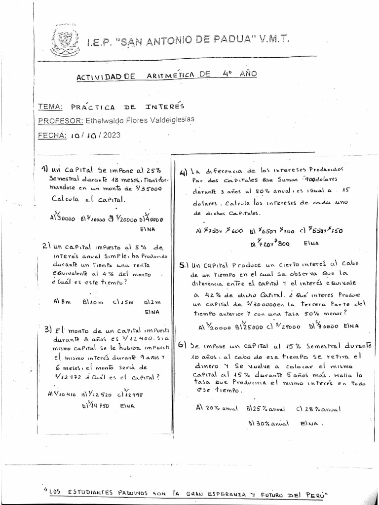 Actividad Arit 4 .... Practica de Interes Simple | PDF