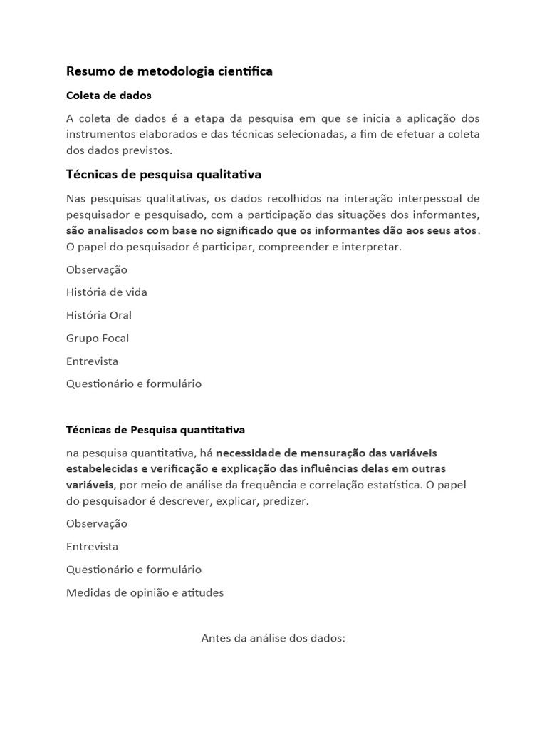 Resumo de Metodologia | PDF | Science | Pesquisa qualitativa