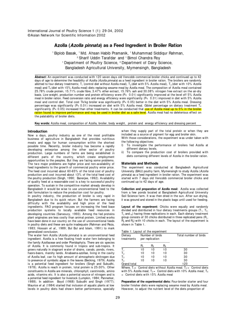 Azolla (Azolla Pinnata) As A Feed Ingredient in Broiler Ration | PDF ...